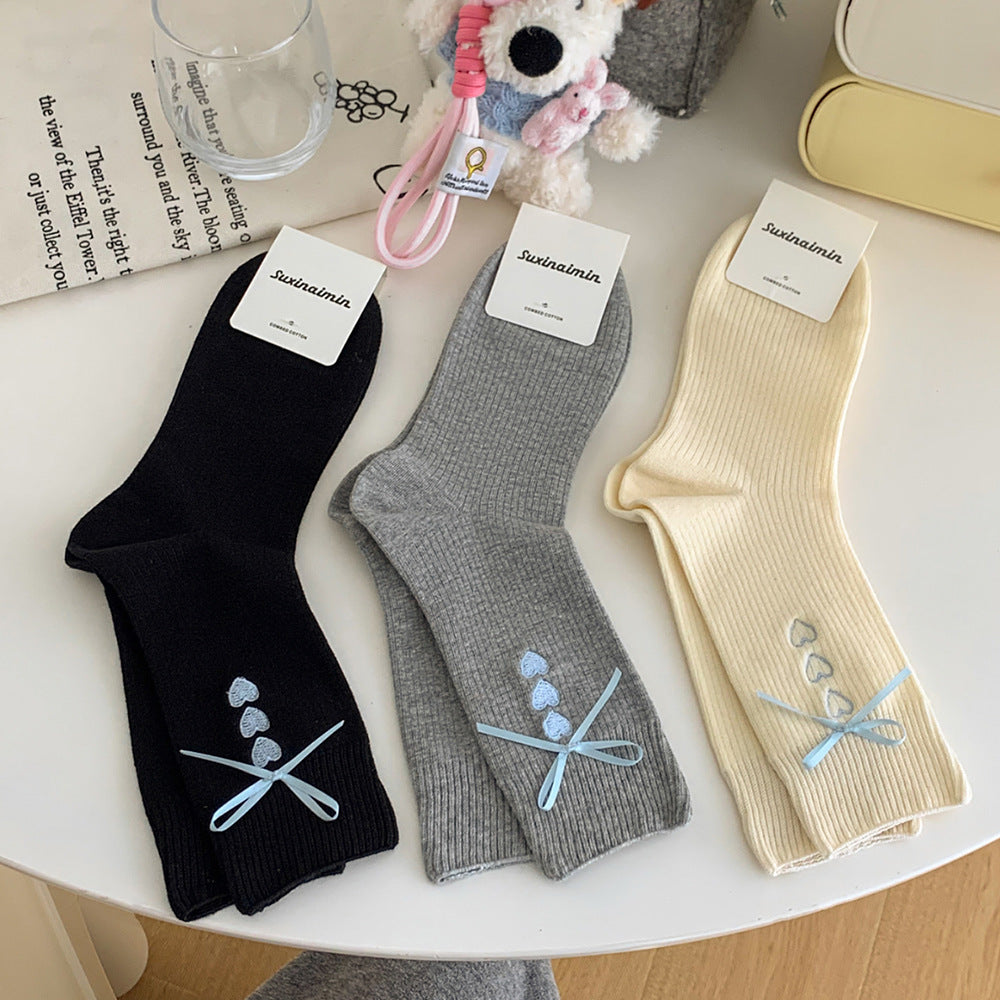 Wholesale Embroidered heart-shaped tube socks with blue ribbon and bow ...